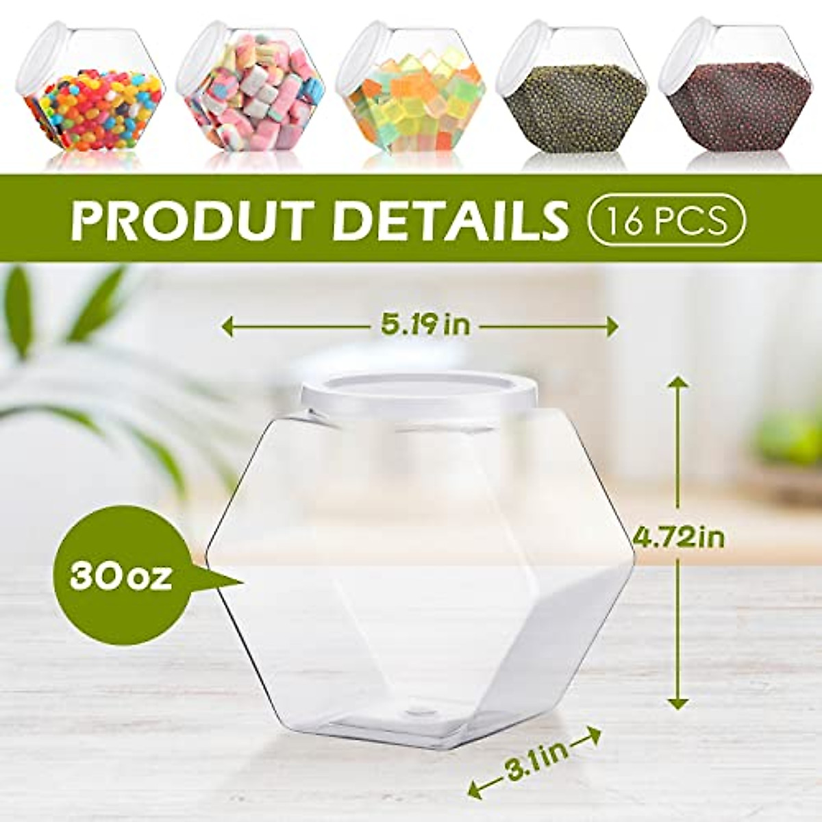 Hoolerry 16 Pcs Hexagon Plastic Candy Jars with Lids 30oz Canister Container Jar Bucket for Candy Buffet Cookies Snacks Gifts and Storage Countertop Display