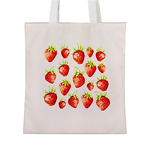 WOAIDY Strawberry Canvas Tote Bag For Women Reusable Grocery Shopping Bags