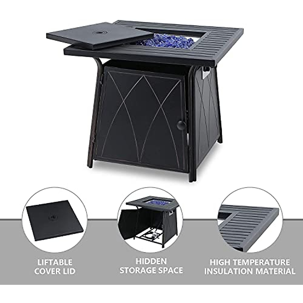 PHI VILLA 9 Pieces Patio Furniture Set with Fire Pit Rattan Sectional Sofa Set Outdoor Wicker Patio Conversation Sets with Coffee Table, CSA Approved Gas Fire Pit Table(28 Inch, Navy Blue)