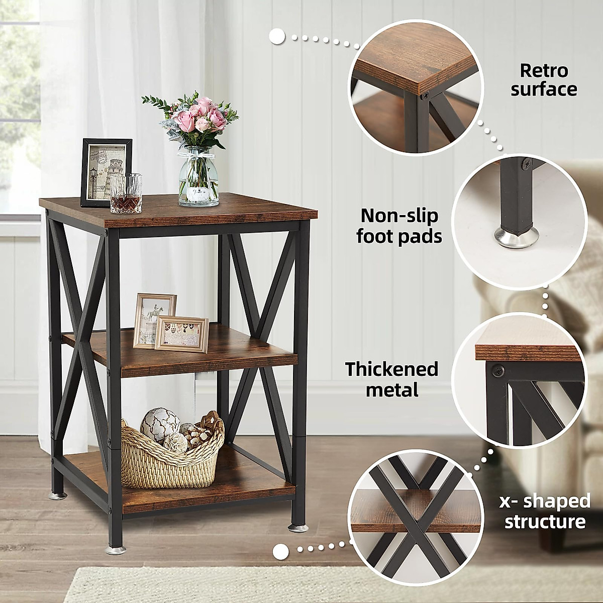 End Tables with Storage Shelf, 12" D x 16" W x 24" H, 3-Tier Side Table, End Tables Living Room Farmhouse, X-Shaped Night Stands for Bedrooms Bedside Tables