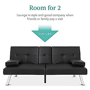 Best Choice Products Faux Leather Upholstered Modern Convertible Folding Futon Sofa Bed for Compact Living Space, Apartment, Dorm, Bonus Room w/Removable Armrests, Metal Legs, 2 Cupholders - Black