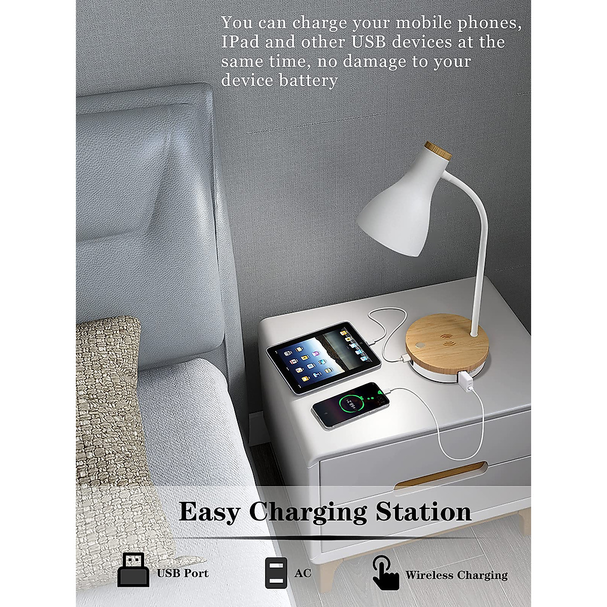 Metal Desk Lamp Wireless Charging Table Lamp Touch Reading Lights Arc Desk Lamps for Bedroom, 3 Way Dimmable Bedside Lamp with USB Charging Ports Lamp for Study Room and Office (White)
