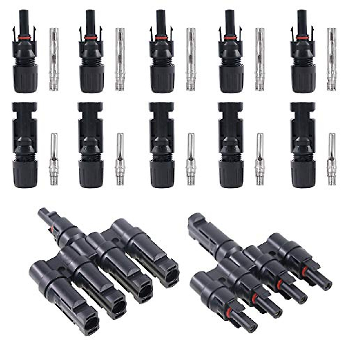 Glarks Solar Panel Connectors 1 Male to 4 Female and 1 Female to 4 Male T Branch Connectors Cable Coupler Combiner and 5 Pair Male/Female Solar Panel Cable Connectors Set (M/4F and F/4M)