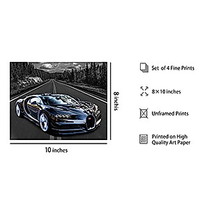 Car Poster Lamborghini Mclaren Ferrari Bugatti Sports Posters Car Wall Art Supercar Decor for Boys Room Bedroom Set of 4 Unframed (8x10 In) Black and White Highway Supercars Pictures