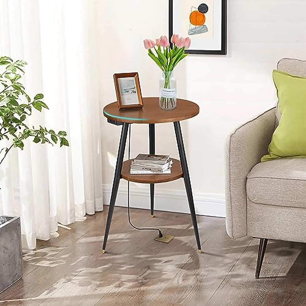 kinnary end Table with Charging Station, 2 Tier Walnut Wood Small Round Side with Storage for Small Spaces, Round nightstand Small Accent Table for Living Room Sofa Tall Side Tables Bedroom