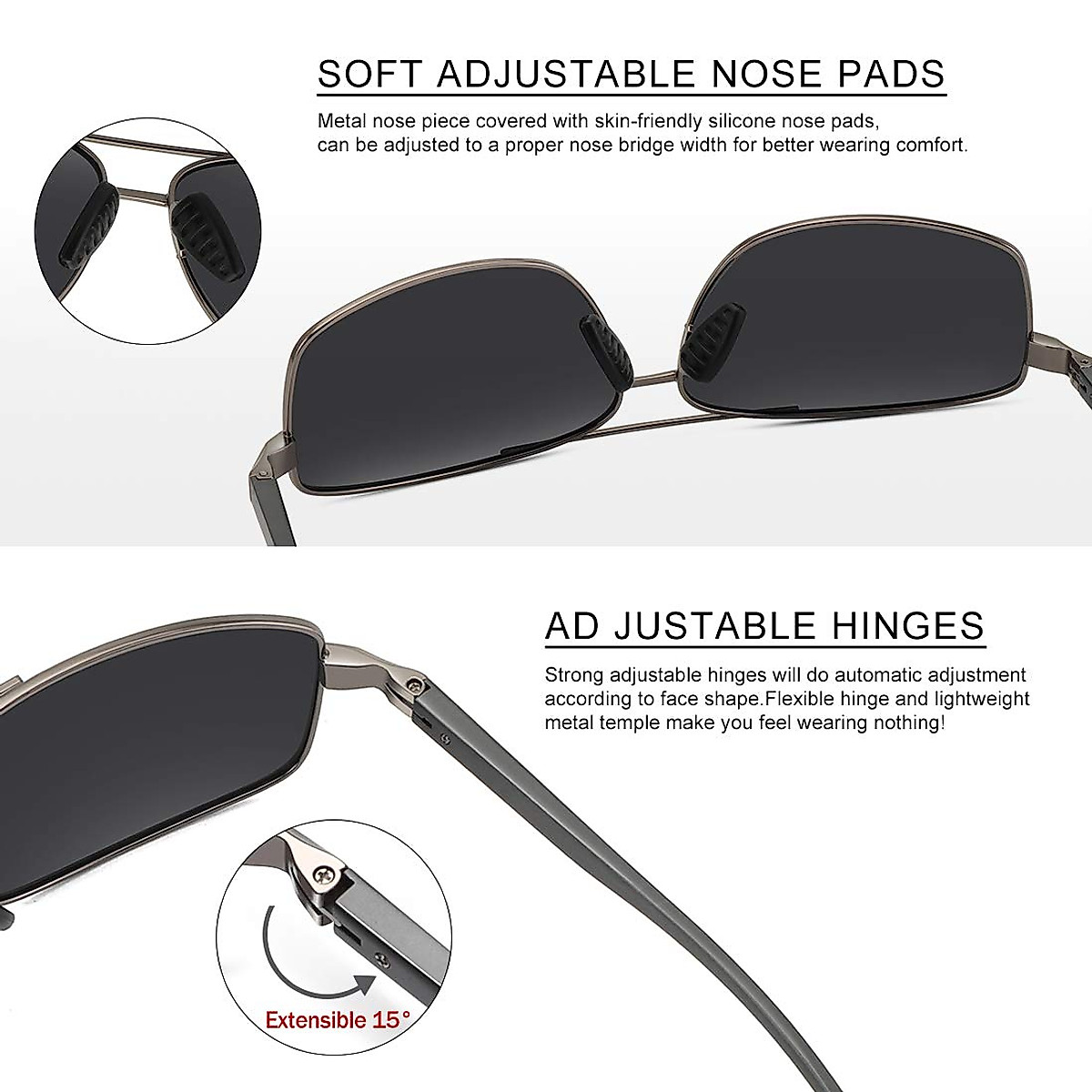 WOWSUN Polarized Sunglasses for Men UV Protection Rectangular Metal Frame Fashion Men's Sun glasses for Driving Golf