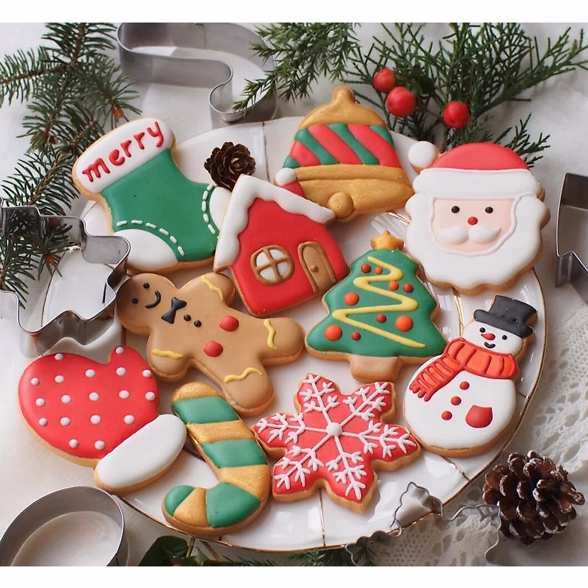 Large Christmas Cookie Cutters, 4" Holiday Cookie Cutters Shape with Recipe Instruction Gingerbread Men,Christmas Tree,Snowflake, Candy Cane,Santa Face and Snow Man for Baking