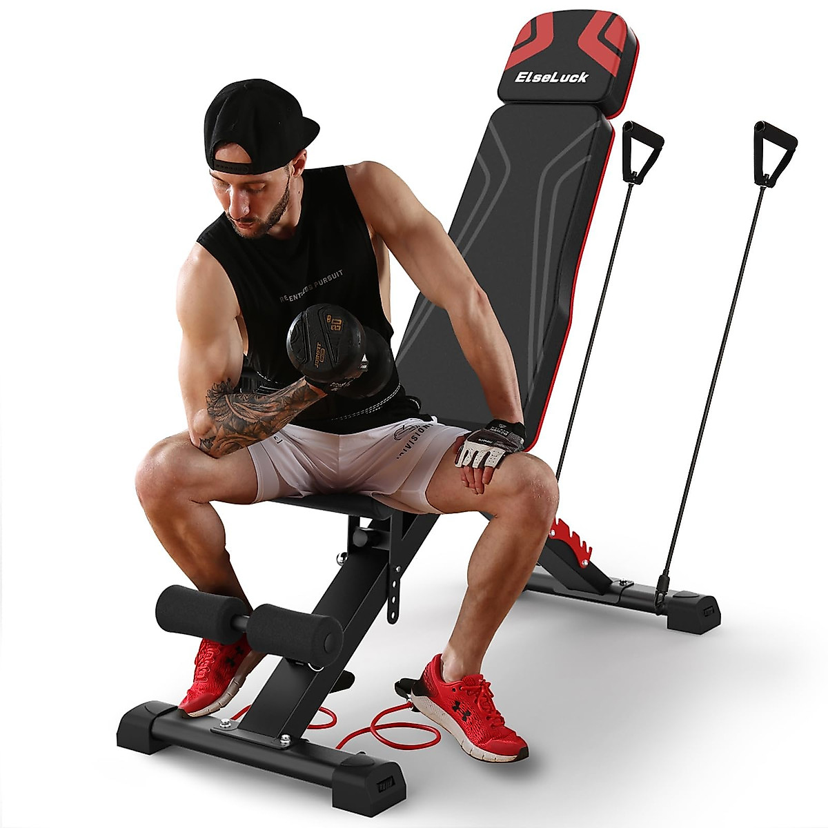 Elseluck Weight Bench, Adjustable Workout Bench for Home Gym, Foldable Strength Training Bench Press for Full Body with Resistance Rope