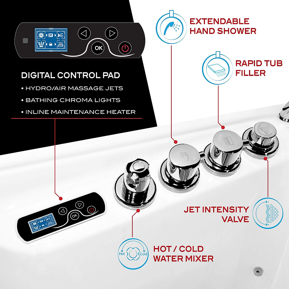 ANZZI Walk-in Bathtub 27'' x 53'' Left Drain Fully Loaded, Air Jets & Whirlpool Massage Jets, Hot Tub, Quick Fill, 6 Setting Handheld Shower Sprayer, Aromatherapy, Bath Pillow, LED Lights 2753FLWL