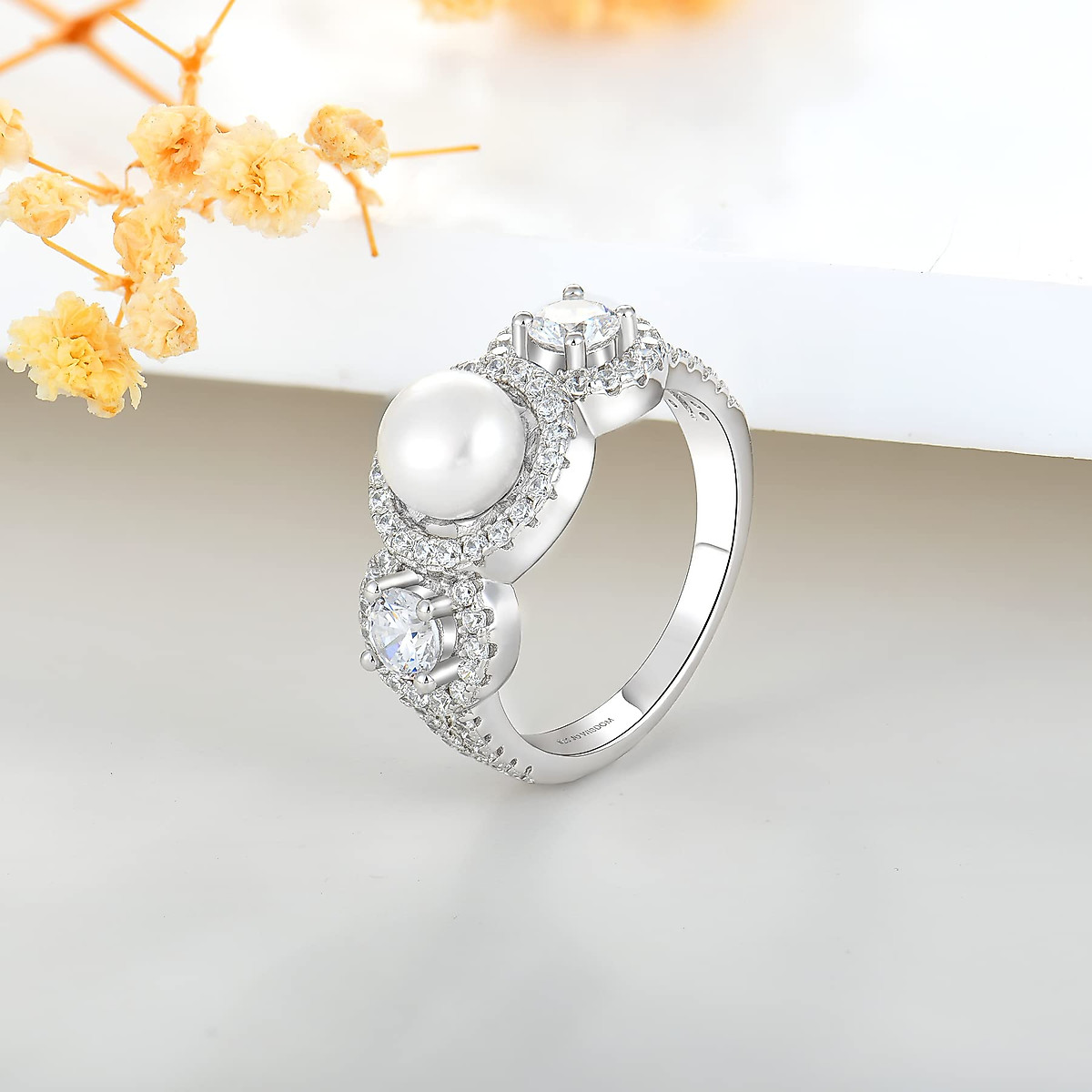 JO WISDOM Pearl Ring,925 Sterling Silver Cubic Zirconia Women's Rings with 7.5mm White Freshwater Cultured Pearl Ring size 7