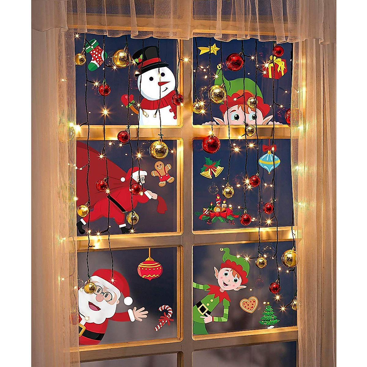 90shine 314PCS Christmas Decorations Window Clings - Xmas Holiday Snowflake Santa Elf Reindeer Gnome Peeking Decals, Winter Wonderland Party Supplies Decor, 12 Sheets