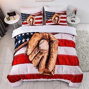 SHINICHISTAR American Flag Baseball Comforter Set Twin Size for Teen Boys Gift Sport Bedding