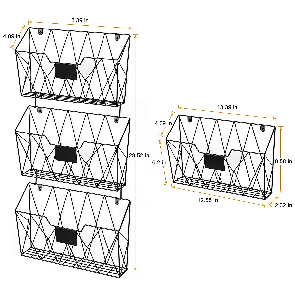 Hanging Wall File Holder Wall Mount Metal Wall File Organizer 3 Pockets Mail Organizer with Hooks for Office Home,Black