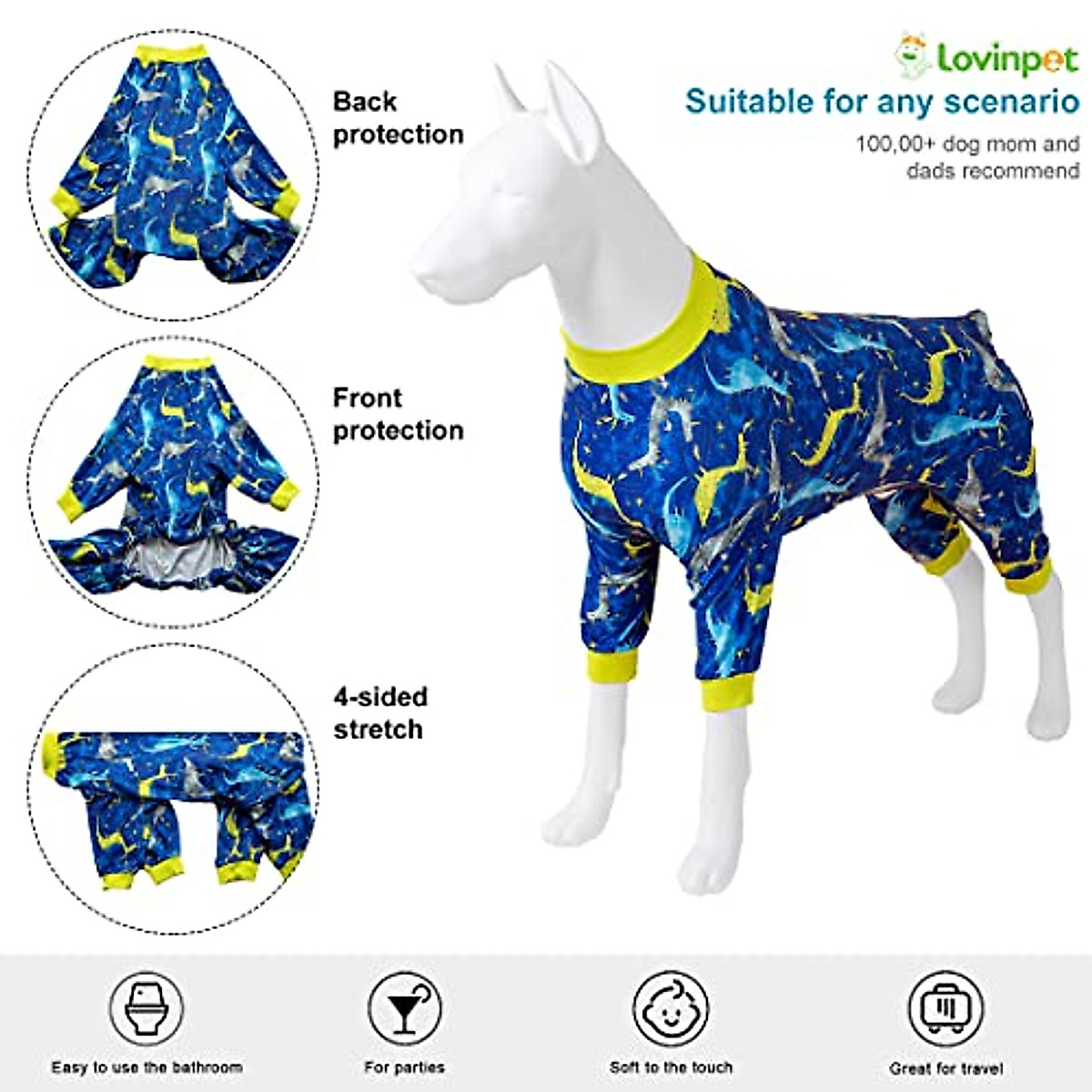 LovinPet Clothes For Female Doberman Dogs - Pet Anxiety Calming Dog Jammies for After Surgery, Lightweight Fabric, Blue Dragon Print, Large Dog Pjs,Long-sleeved 4 Leg Style Pullover Dog Onesie,Blue XL
