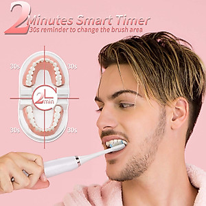 Electric Toothbrush Rechargeable Inductive Charging Base with 5 Brushing Modes, 2-Min Smart Timer, 2 Brush Heads, Travel Bag Included for Travel and Home Use