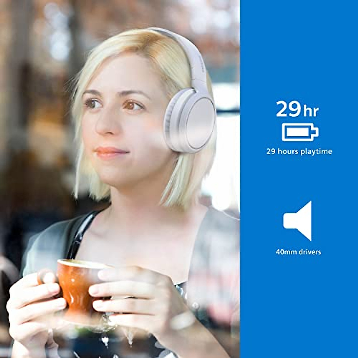 Philips H5205 Over-Ear Wireless Headphones with 40mm Drivers, Lightweight Cushioned Headband, White