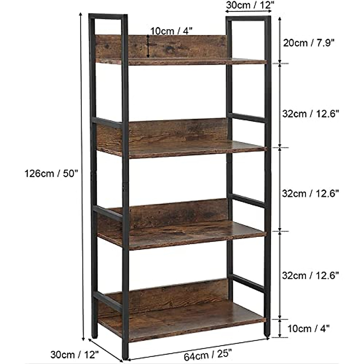 VANSPACE Bookshelf 4 Tier Industrial Bookcase Rustic Wood and Metal Standing Bookshelf with Back Panel Book Shelf for Bedroom, Home Office Storage Rack Shelf, Rustic Brown