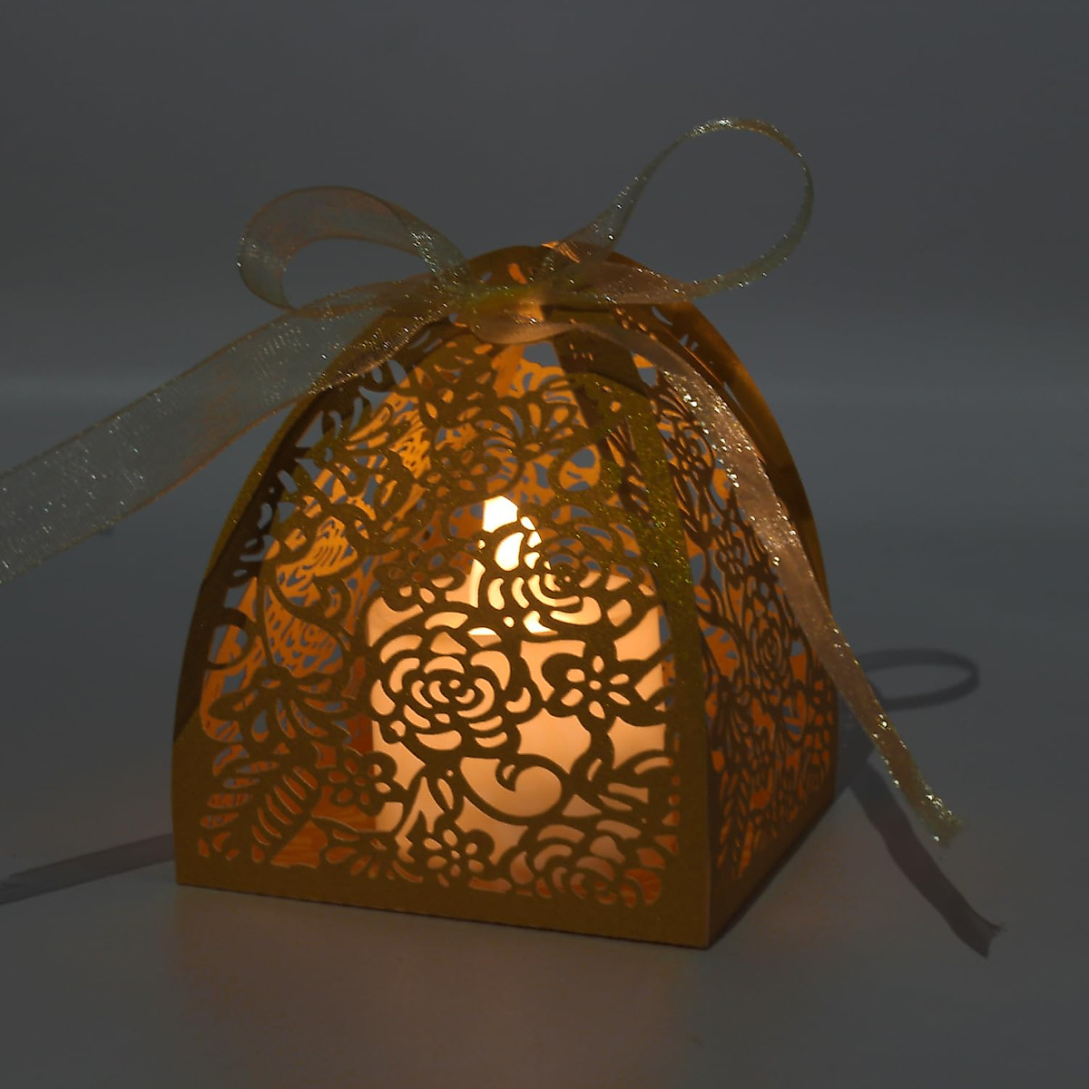 KPOSIYA Pack of 100 Laser Cut Rose Candy Boxes, Favor Boxes 2.5"x 2.5"x 3.1", Gift Boxes for Bridal Shower Anniverary Birthday Party Wedding Favor (100,Gold)