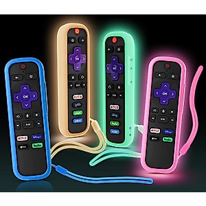[4 Pack] SOTATOO Case for Roku Remote, Battery Cover for TCL Roku Smart TV Steaming Stick Remote, Silicone Protective Controller Universal Sleeve Skin Glow in The Dark Pink Orange Green Blue