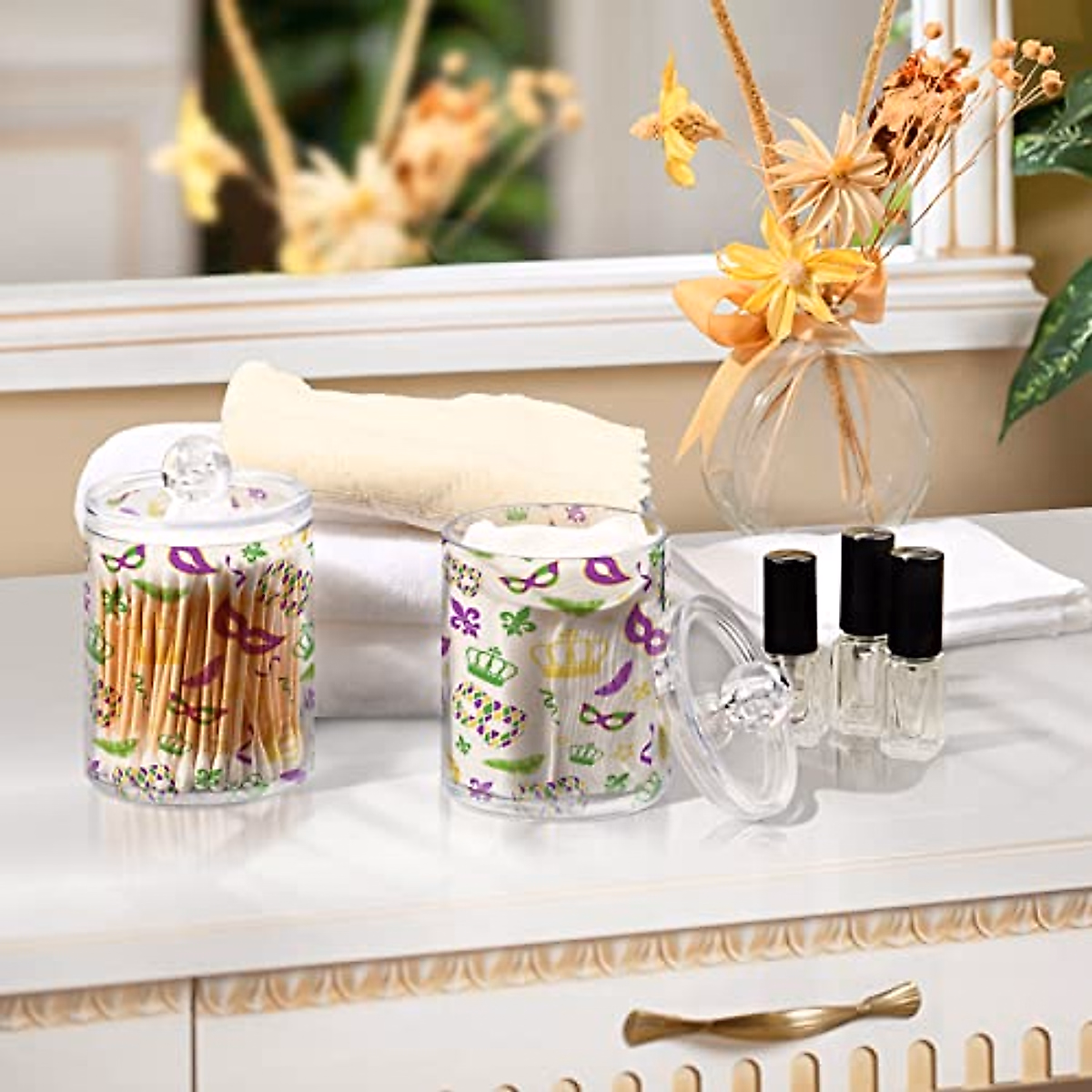 Kigai 4PCS Mardi Gras Qtip Holder Dispenser with Lids - 14 oz Bathroom Storage Organizer Set, Clear Apothecary Jars Food Storage Containers, for Tea, Coffee, Cotton Ball, Floss