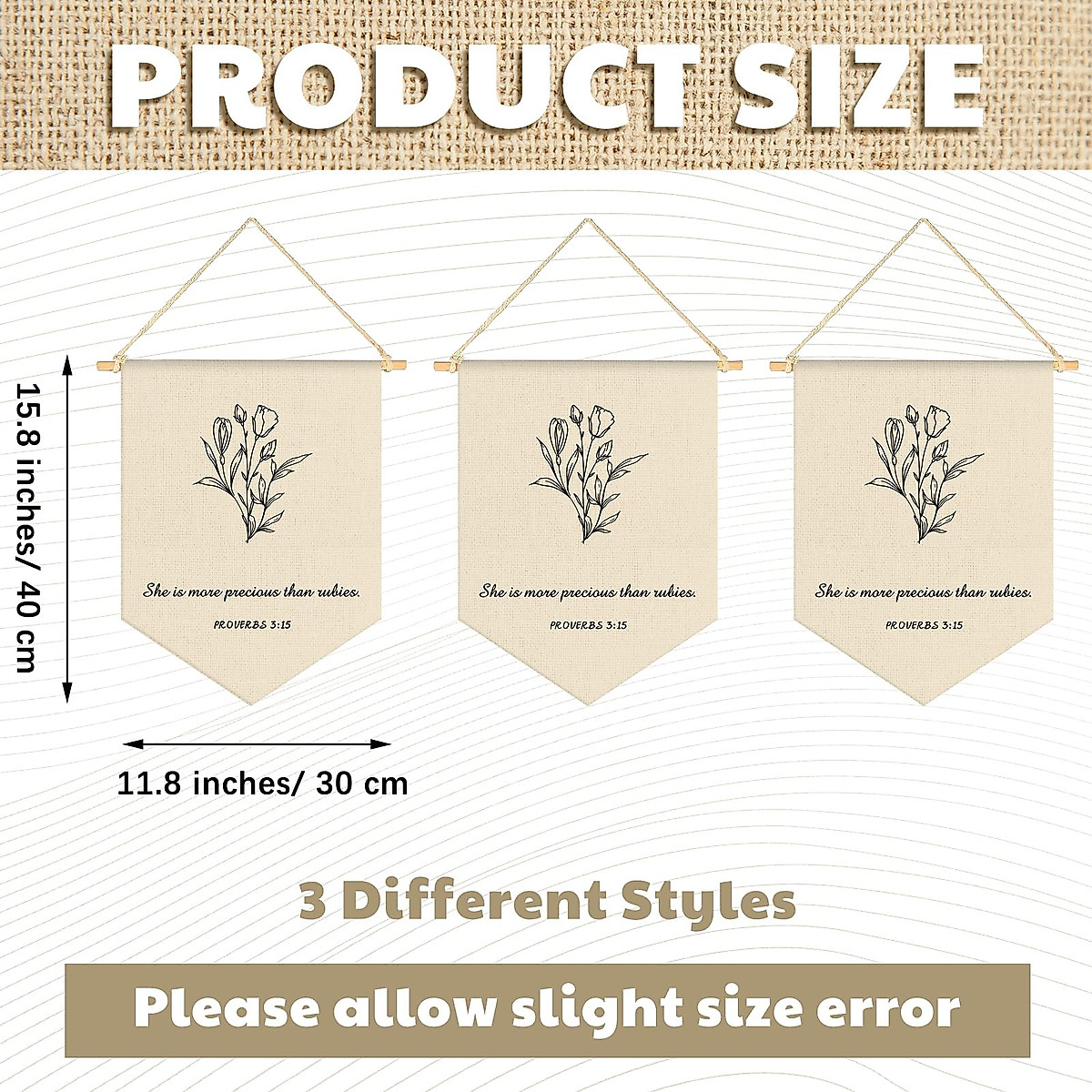 VitalCozy 3 Pcs Nursery Scripture Bible Verse Christian Botanical Decor Canvas Hanging Pennant Flag Banner Floral Wall Signs for Bedroom Playroom Front Door Kids Baby Boy Girl Birthday Christmas Gift