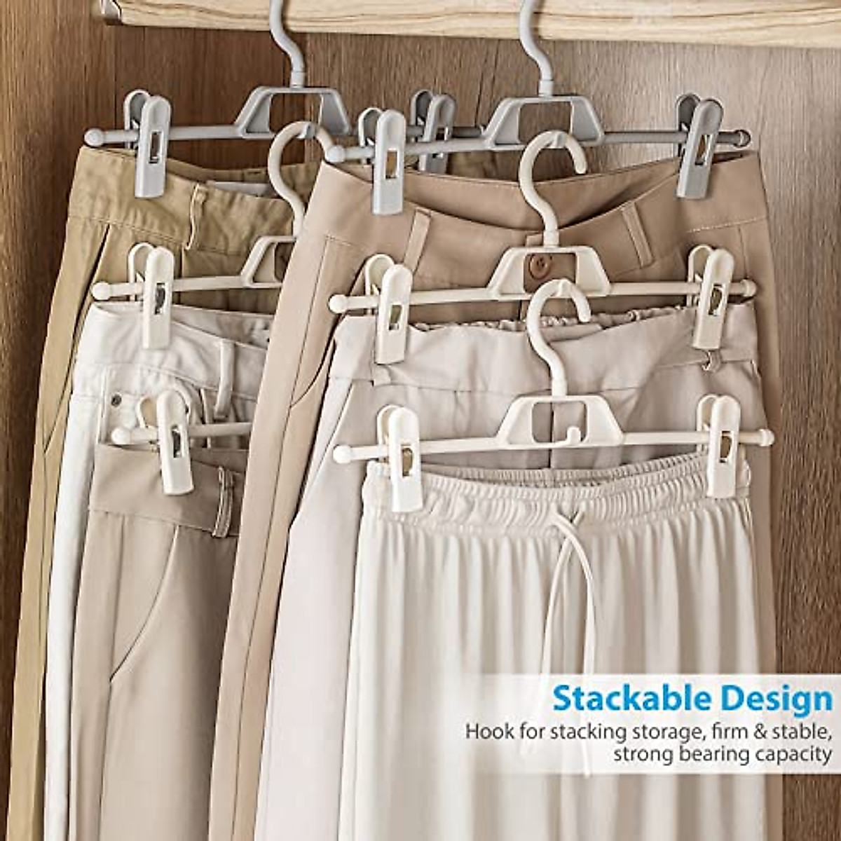 HANABASS 10Pcs Adjustable Clothes Hangers with Clips, Plastic Skirt Hangers, Stackable Pants Hangers, Adjustable Clip Pants Hanger for Kids or Adults Garments