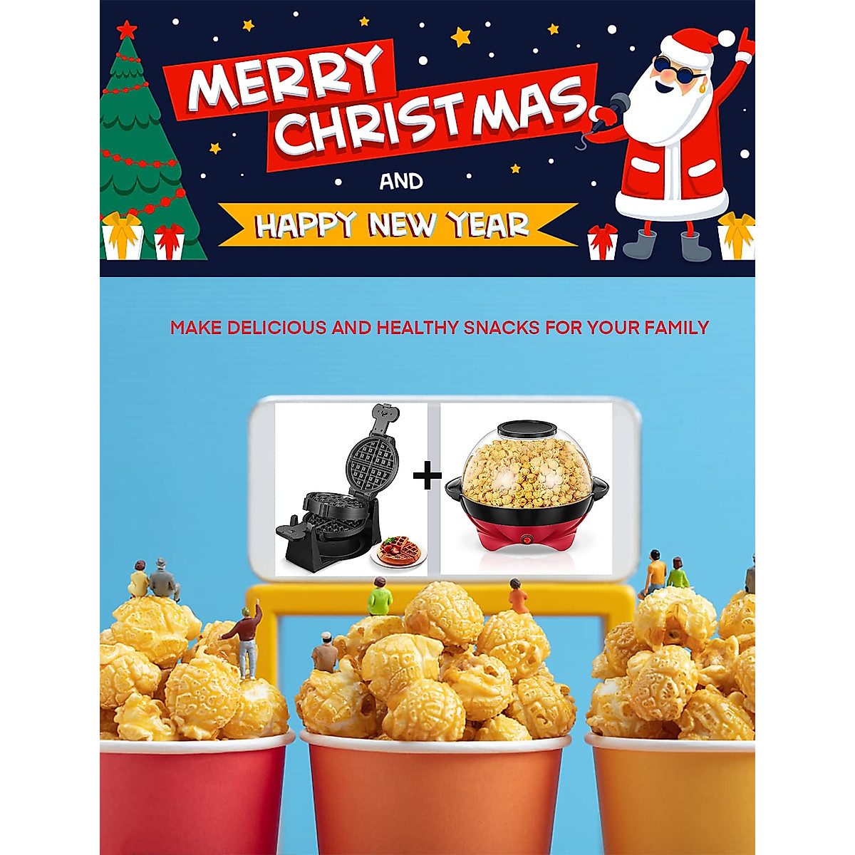 Belgian Waffle Maker Iron 180° Flip Double Waffl and 6qts Popcorn Maker with Detachable & Nonstick Plate