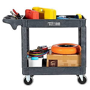 TUFFIOM Plastic Service Utility Cart with Wheels,550lbs Capacity,Heavy Duty Tub Storage Cart W/Deep Shelves, Multipurpose Rolling 2-Tier Mobile Storage Organizer, for Warehouse Garage Industrial Cart