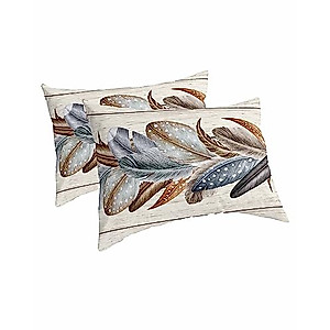 Edwiinsa Brown Blue Feather Pillow Covers Standard Size Set of 2 Bed Pillow, Farmhouse Wooden Striped Grain Plush Soft Comfort for Hair/Skin Cooling Pillowcases with Envelop Closure 20''x26''