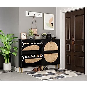 Pvillez Black Rattan Shoe Cabine, Shoe Cabinet with 2 Flip Drawers for Entryway, Modern Freestanding 2-Tier Shoe Rack Storage Cabinet for Entryway, Hallway, Bedroom