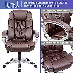 Homall Office Chair High Back Computer Chair Ergonomic Desk Chair, PU Leather Adjustable Height Modern Executive Swivel Task Chair with Padded Armrests and Lumbar Support (Brown)