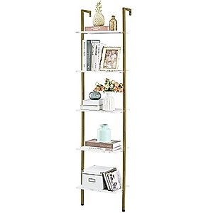 Tajsoon Industrial Bookcase, Ladder Shelf, 5-Tier Wood Wall Mounted Bookshelf with Stable Metal Frame, Open Display Rack, Storage Shelves for Bedroom, Home Office, Plant Flower, White & Gold