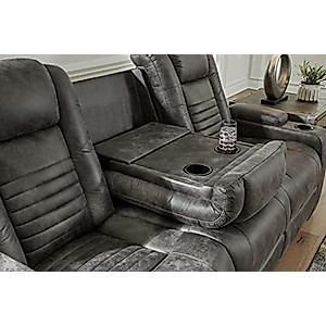Signature Design by Ashley Soundcheck Contemporary Faux Leather Tufted Power Reclining Sofa with Adjustable Headrest, Gray