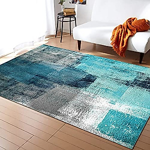 Turquoise and Gray Abstract Art Area Rug, Teal Graffiti Painting Indoor Carpet, Comfortable Soft Rug Breathable with Non-Slip Backing Ideal for Living Room Bedroom Boy Girl Decor5 x 7ft