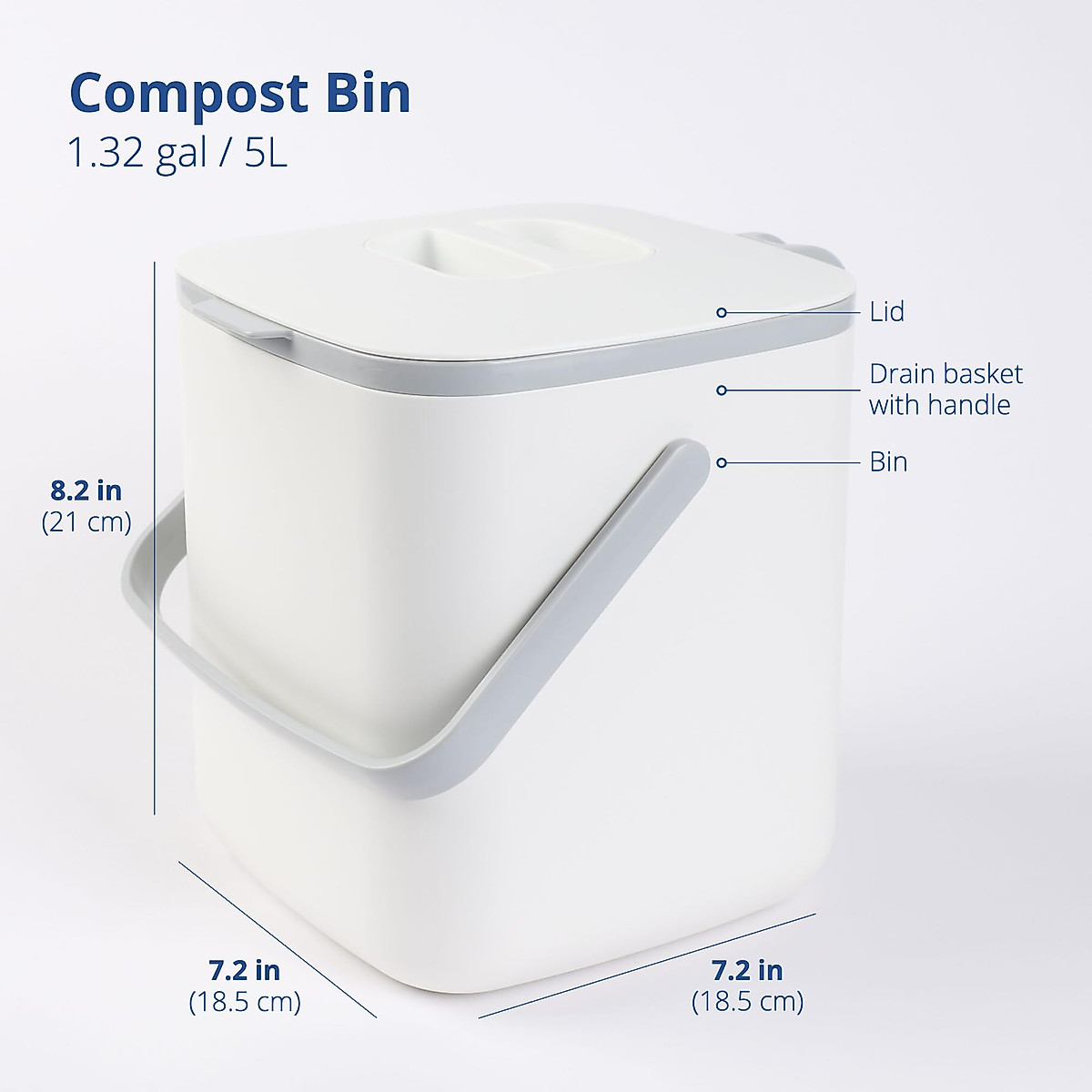 BLUE GINKGO Kitchen Compost Bin - Easy Clean Food Waste Bin for Kitchen with Handles | Countertop Compost Bin Kitchen Food Scrap Pail Bucket | Made in Korea (1.32 gal, 5 L) - White