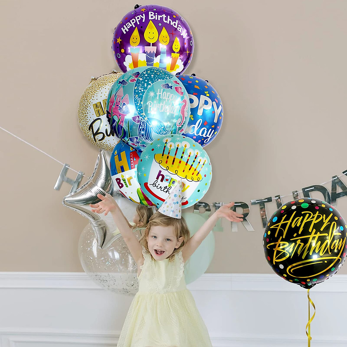 24 Pcs Happy Birthday Foil Balloons 18 inch Round Helium Floating Mylar Balloon Inflatable Balloons for Birthday Party Decorations Supplies,12 Patterns