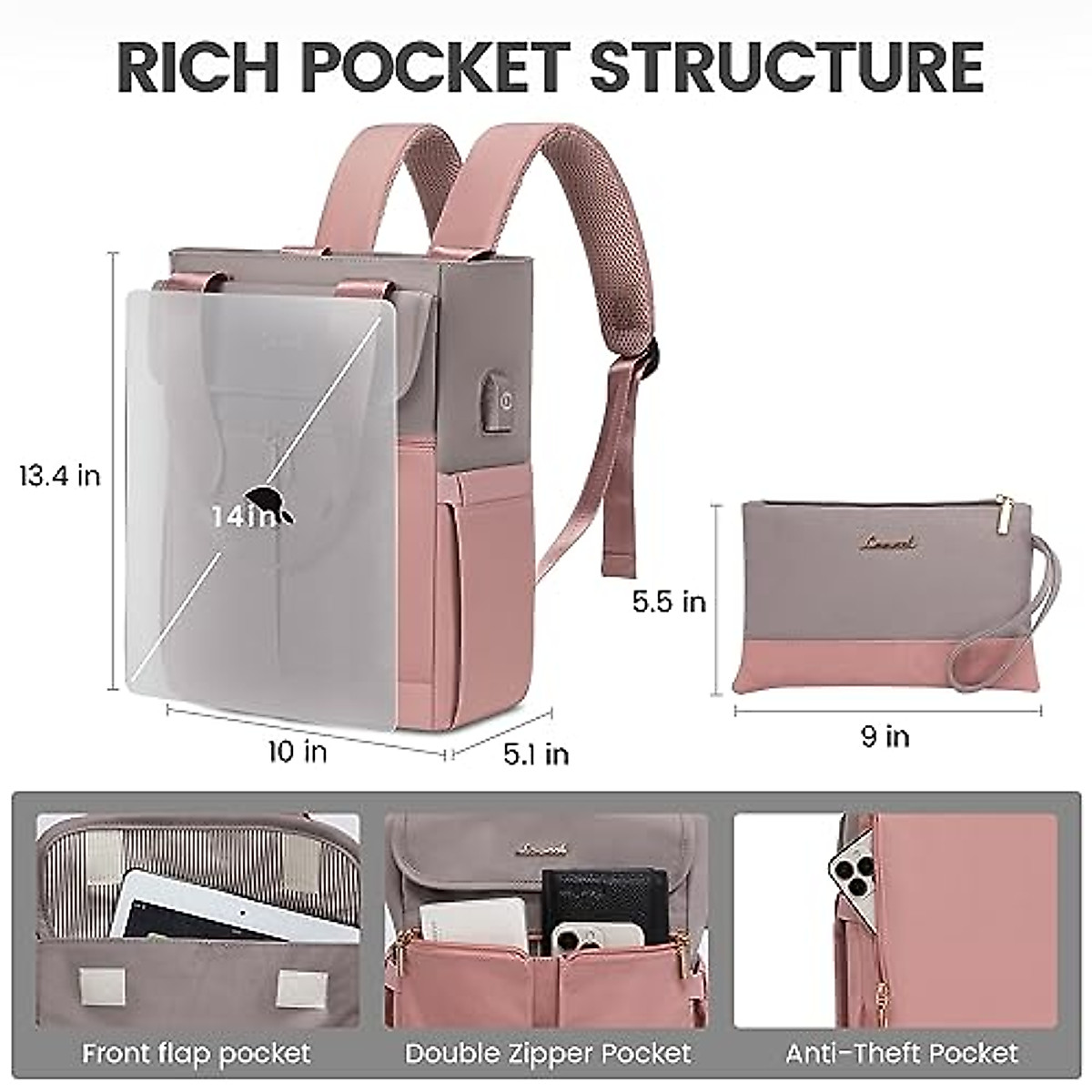 LOVEVOOK Backpack Purse for Women, Convertible Small Backpack Tote for Woman, Mini College Daypack for Work, Daily, Travel, 2pcs set, Pink-Grey