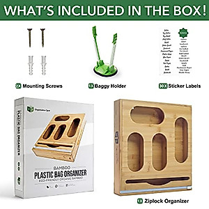 Kitchen Drawer Ziplock Bag Organizer with Foil Wrap Dispenser and Cutter | Bamboo Ziplock Bag Organizer for Drawer | Baggie Organizer Compatible with Snack, Slider, Quart, Gallon, Sandwich Bag Sizes