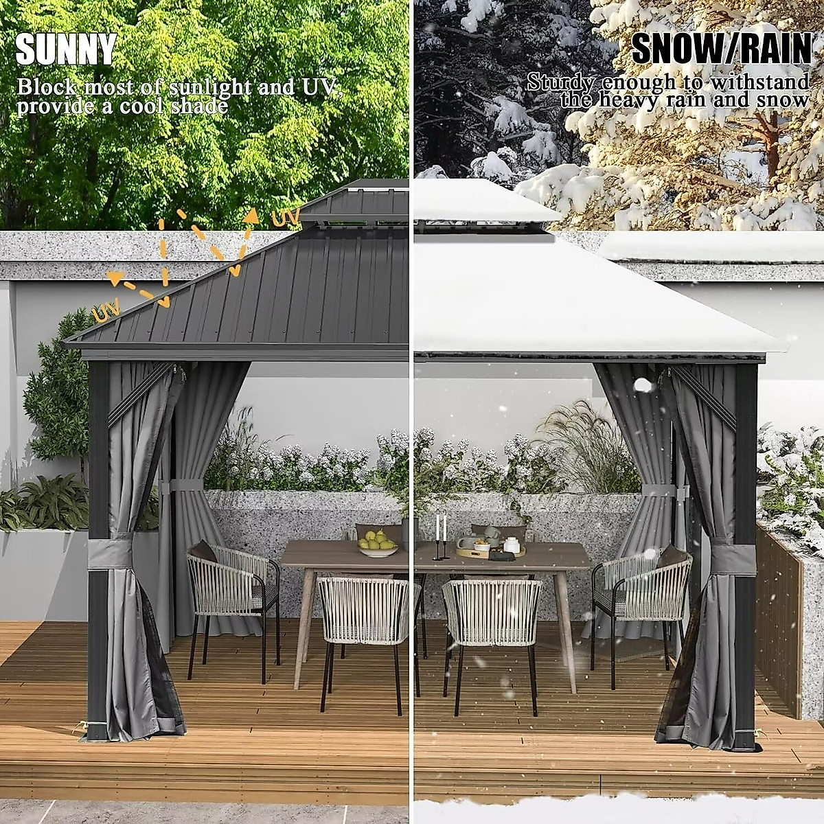 Domi 10’ X 14’ Hardtop Gazebo Canopy with Netting & Curtains, Outdoor Aluminum Gazebo with Galvanized Steel Double Roof for Patio Lawn and Garden, Gray