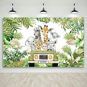 Mocsicka Safari Jungle Animal Party Banner Wild One Baby Shower Birthday Party Decoration for Boy Cartoon Elephant Giraffe Lion Forest Jungle Theme Party Supplies, 72.8 x 43.3 Inch