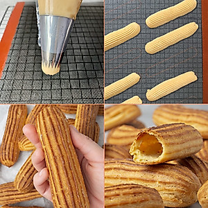 Perforated Silicone Baking Mats, 2 PCS Eclair Silicone Mat for Half Sheet with 12 Printed Oblong Eclair Guides, Non-Stick Reusable Oven Liners for Making Bread/Pizza/Pastry/Cookie 11-4/5" x 15-3/4"