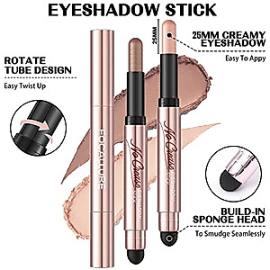 FOCALLURE 2PCS No Crease Eyeshadow Stick,Shimmer and Matte Cream Eyeshadow Pencil Crayon,Long Lasting Waterproof Eye Brightener Stick With Blending Brush,Before Day