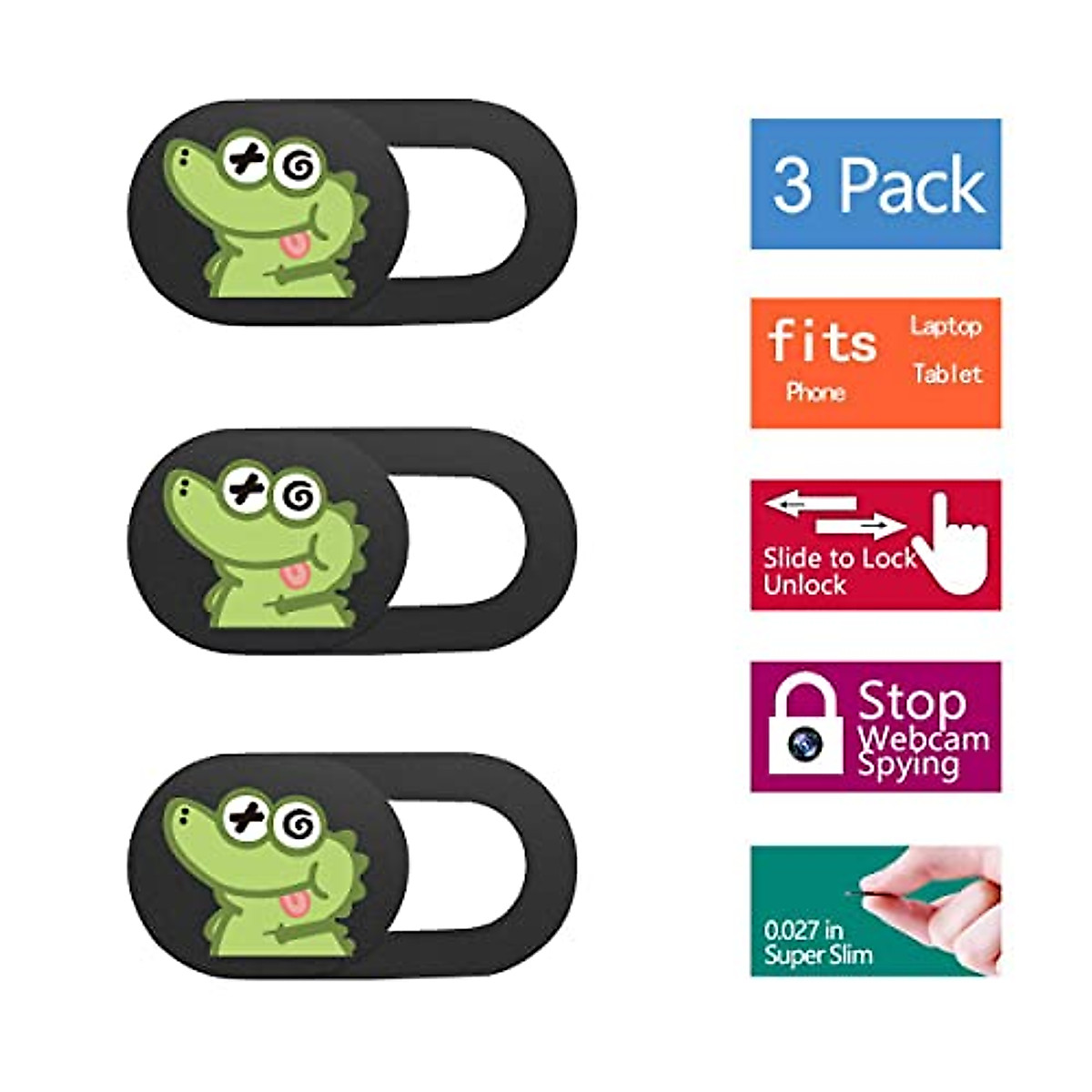 SIREG Webcam Cover Slide 0.027in Ultra Thin Web Camera Cover for Laptops Smartphone PC Tablets for Protecting Your Privacy Security (Frog-Black & 3 Pack)