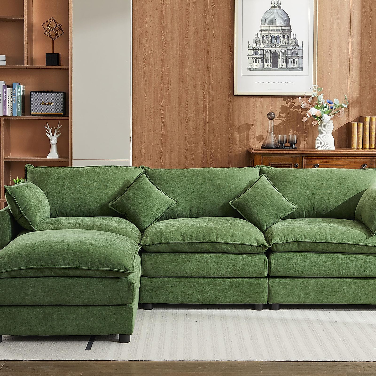 SofLuxe Modern Modular Sectional Couches,3 Seat L-Shaped Chenille Fabric Sofa Set with Movable Ottomans Sleeper Sofa for Living Room Bedroom Apartment,Green