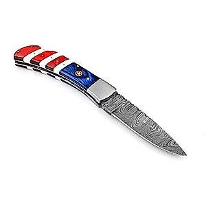 SagaCity Damascus Pocket Knife, 7.4” Inches American Flag Damascus Folding Knife, Damascus Knife, Custom Pocket Knife for Men, Sharp Pocket Knife with Real Leather Sheath; 501