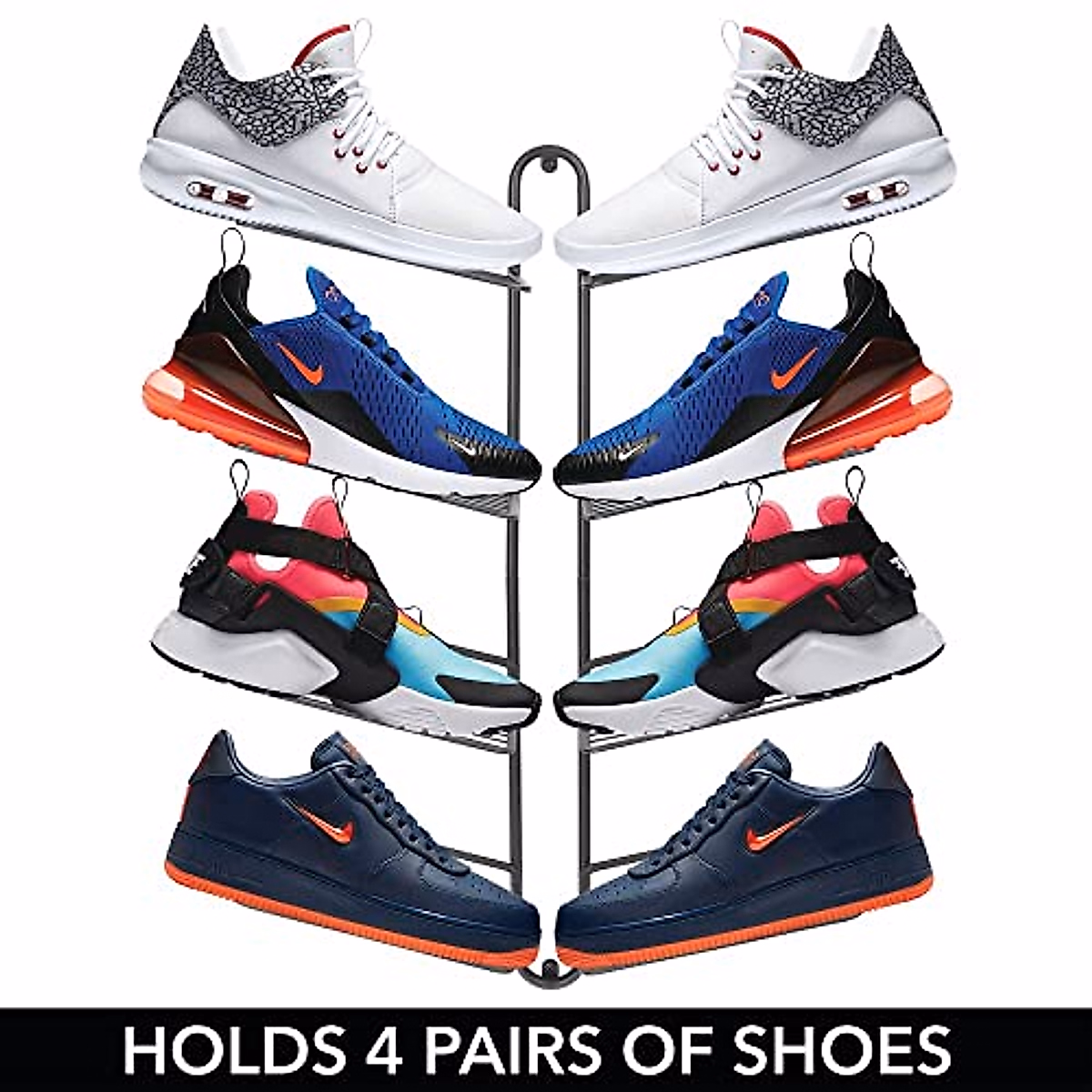 mDesign Modern Metal Shoe Organizer Display & Storage Shelf Rack - Hang & Store Your Collection of Kicks, Running, Basketball, Trainers, Tennis Shoes, Holds 16 Shoes, Wall Mount; 2 Pack- Graphite Gray