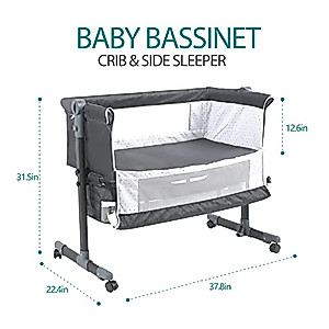 GoFirst Bedside Bassinet for Baby, Bedside Sleeper with Wheels, Heigt Adjustable, with Mosquito Nets, Large Storage Bag, for Infant/Baby/Newborn (Grey)