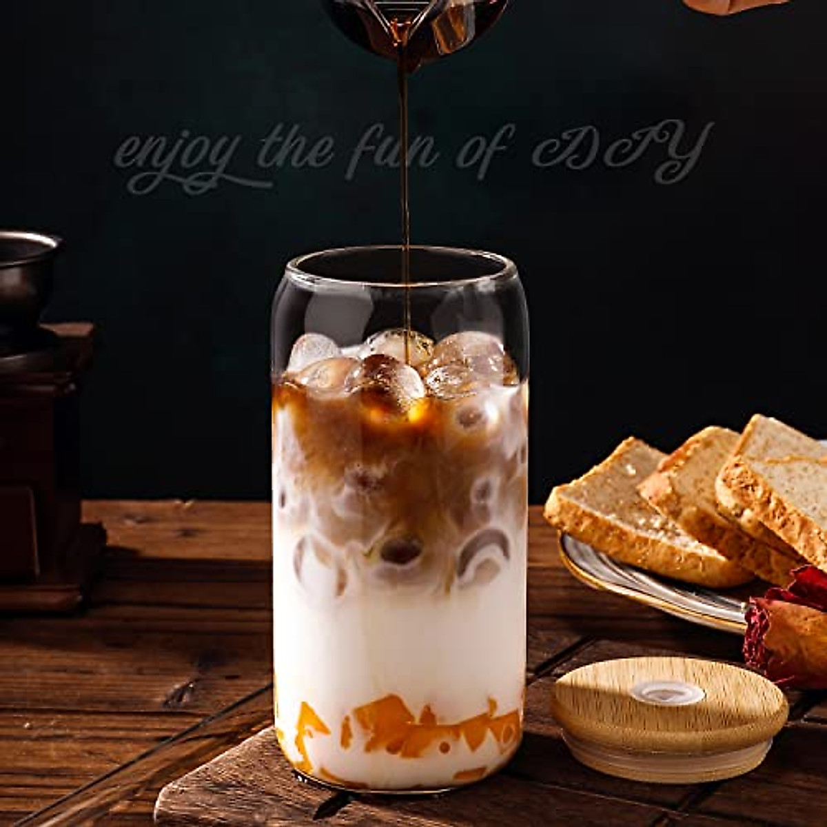 Porkus Glass Cups with Bamboo Lids and Straws 4pcs Set-18oz,Cute Glass Iced Coffee Cups for Coffee Bar Accessories-Cups with Lids and Straw Set