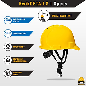 KwikSafety - Charlotte, NC - Turtle Shell Hard Hat Type 1 Class C ANSI OSHA Standard Cap Style (One Size FITS Most) 10 Vents + Free Sweatband & Earplugs Construction Safety Helmet Lightweight/Yellow