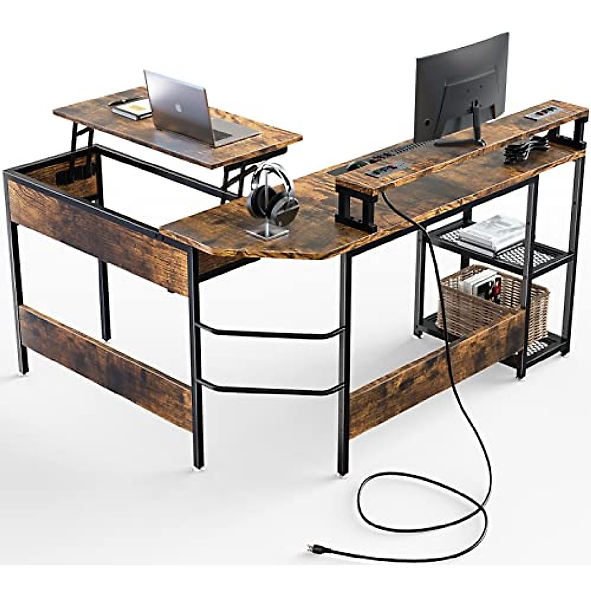Computer Desk with Power Outlet and Lift Top, 55" L Shaped Gaming Desk, DORPU Corner Desk with Monitor Shelf and USB Port, L Shape Standing Desk Adjustable Sit to Stand Desk with Shelves, Rustic Brown